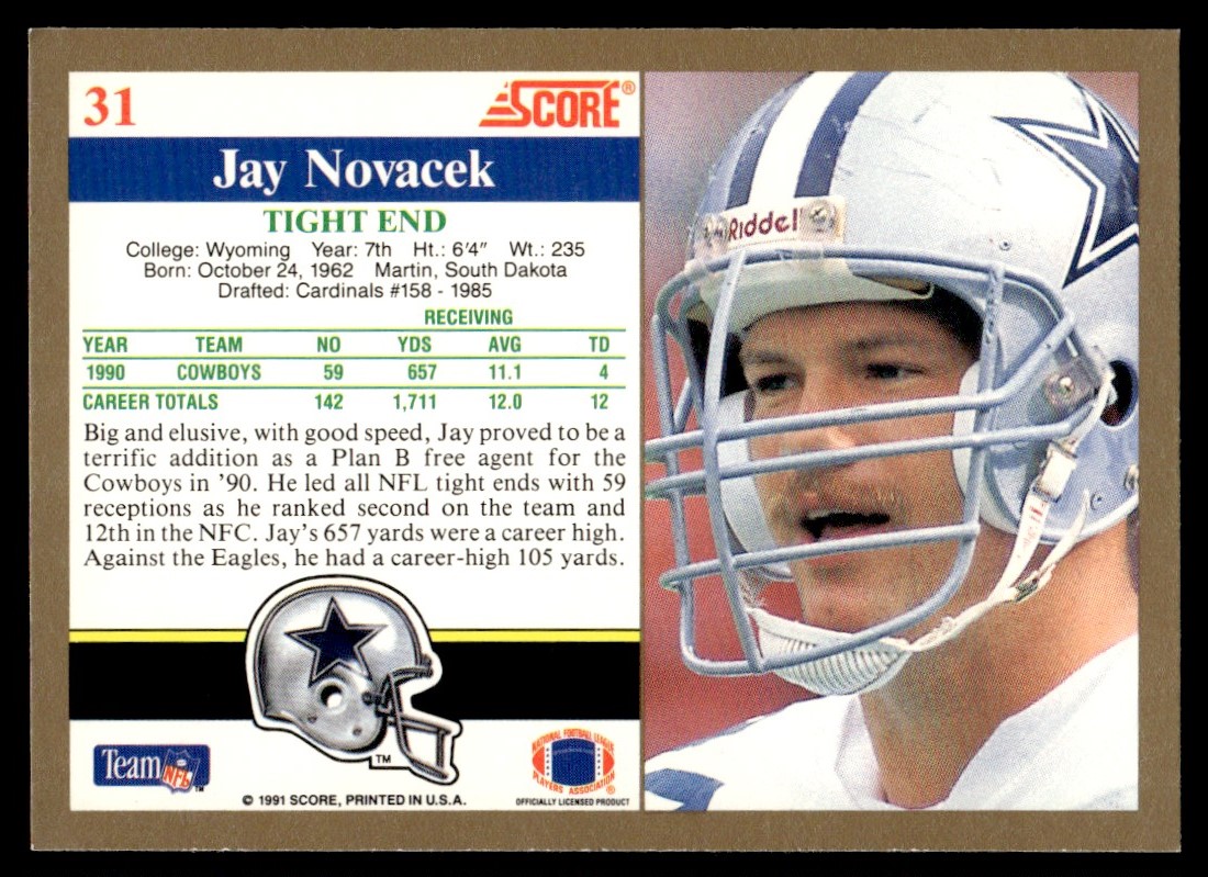 1991 Score Football Card Jay Novacek #31 on Kronozio