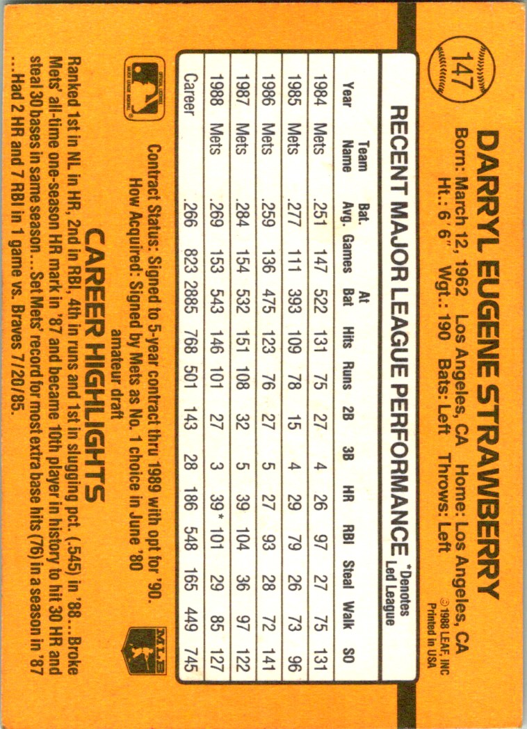 1989 Donruss Darryl Strawberry #147 on Kronozio