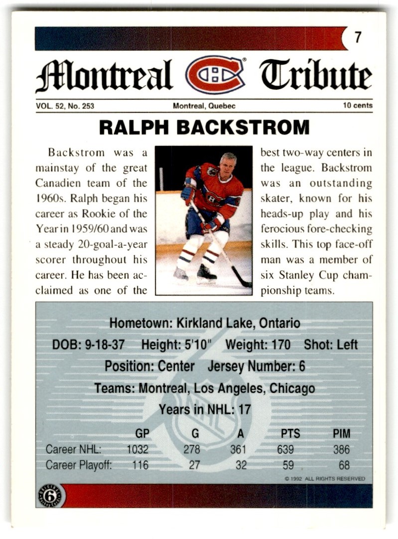 1991-92 Ultimate Original 6 Ralph Backstrom #7 on Kronozio