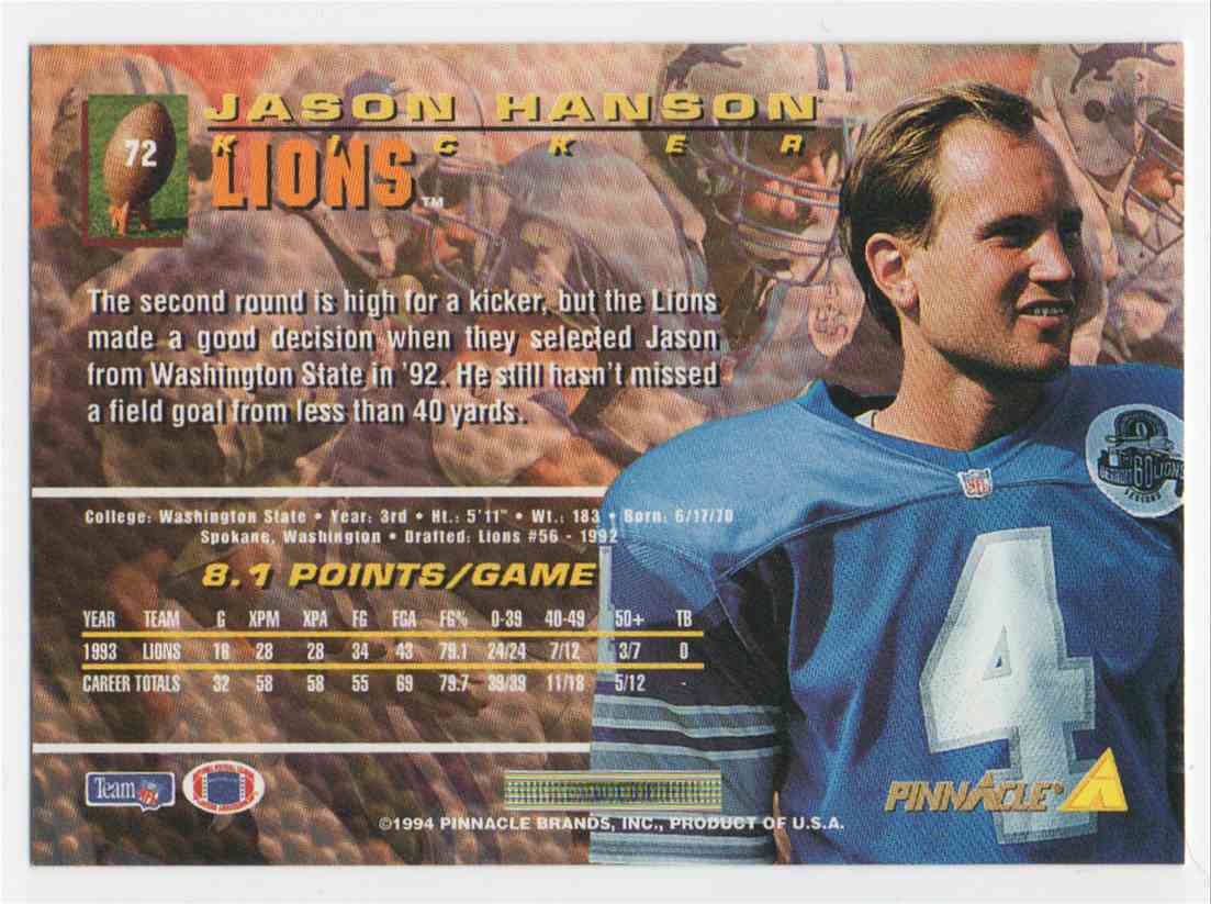 1994 Pinnacle Jason Hanson #72 on Kronozio