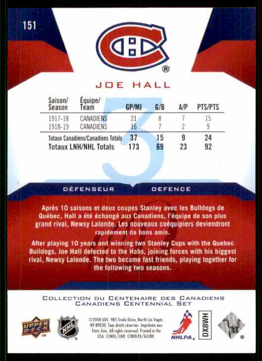 2009-10 Upper Deck Montreal Canadiens Centennial Set Joe Hall #151 on ...