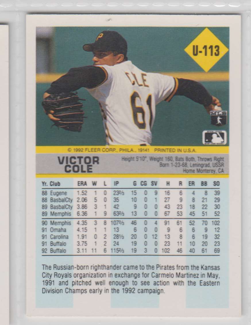 1992 Fleer Update Victor Cole #U-113 on Kronozio