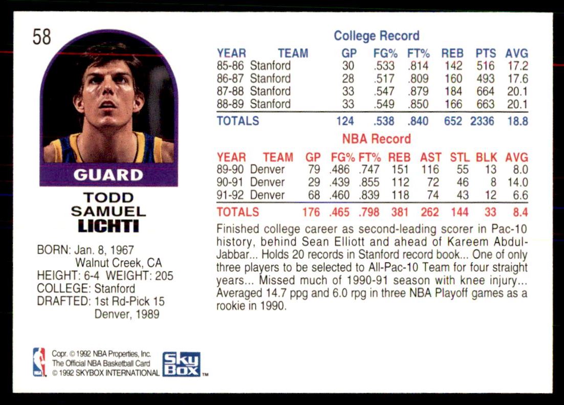 1992-93 Skybox Todd Lichti #58 on Kronozio