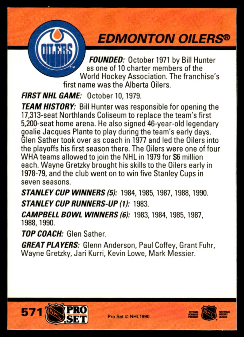 1990-91 Pro Set Edmonton Oilers Team Facts #571 on Kronozio