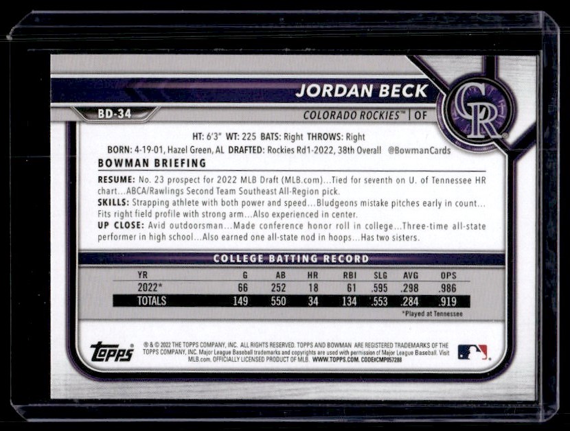 2022 Bowman Draft Baseball Jordan Beck #BD-34 on Kronozio