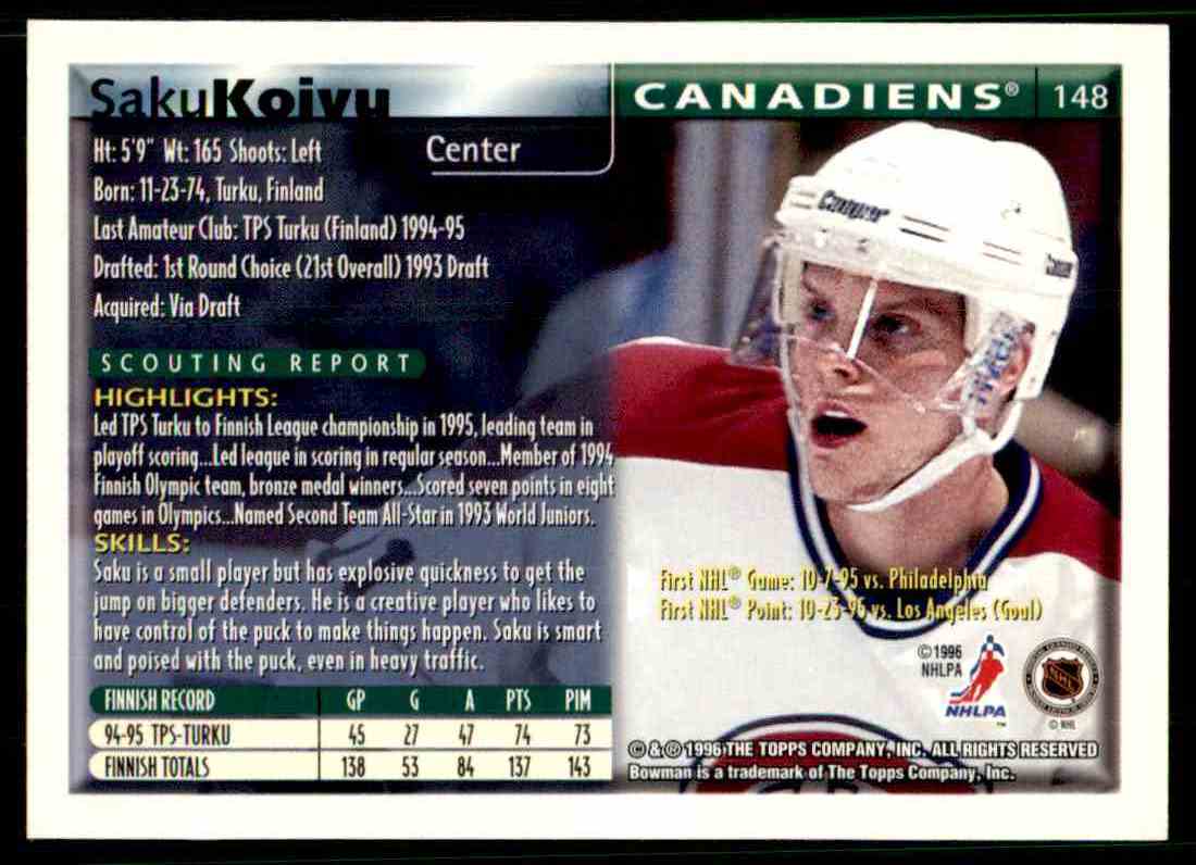 1995-96 Bowman Saku Koivu #148 on Kronozio