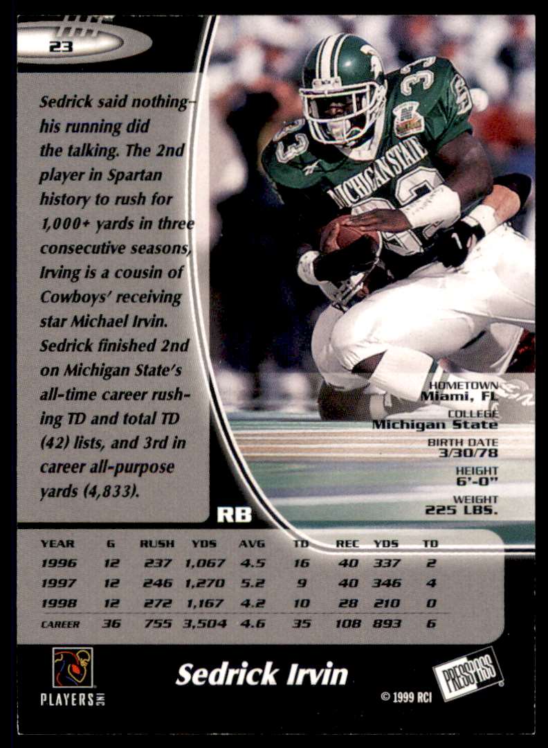 1999 Press Pass Sedrick Irvin #23 on Kronozio