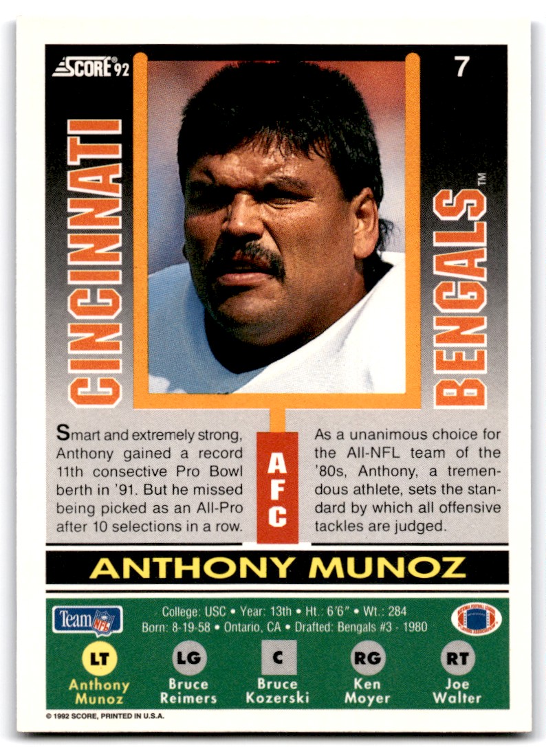 1992 Score Anthony Munoz #7 on Kronozio