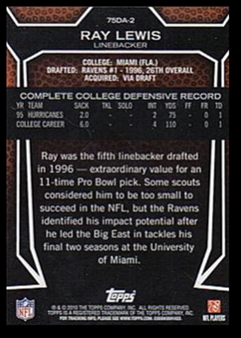 2010 Topps Draft 75th Anniversary Ray Lewis #75DA-2 on Kronozio