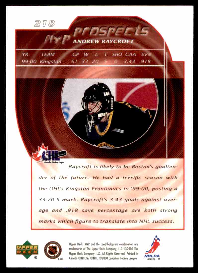 2000-01 Upper Deck MVP Andrew Raycroft #218 on Kronozio