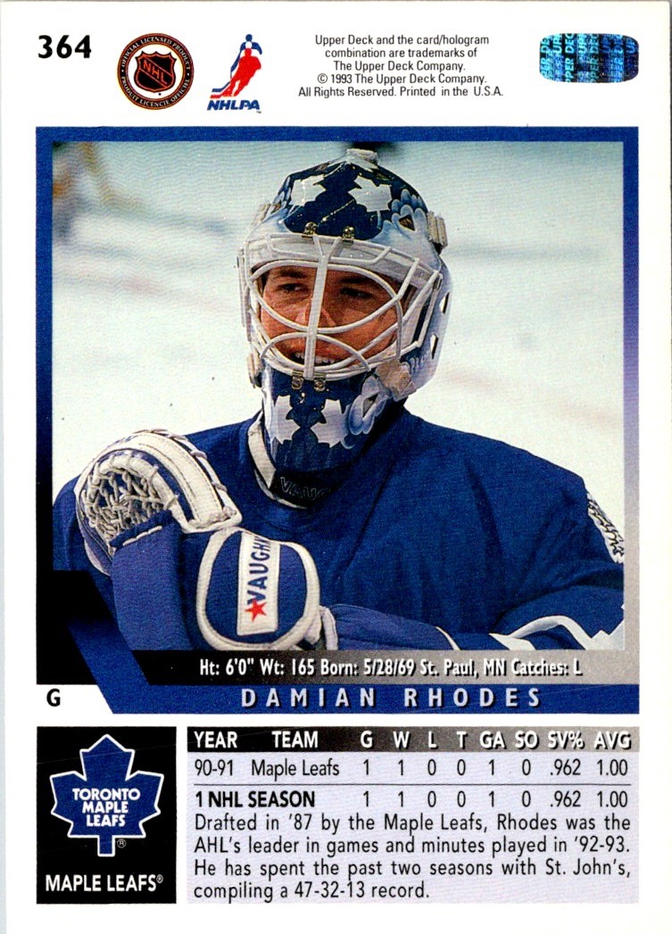 1993-94 Upper Deck Damian Rhodes #364 on Kronozio