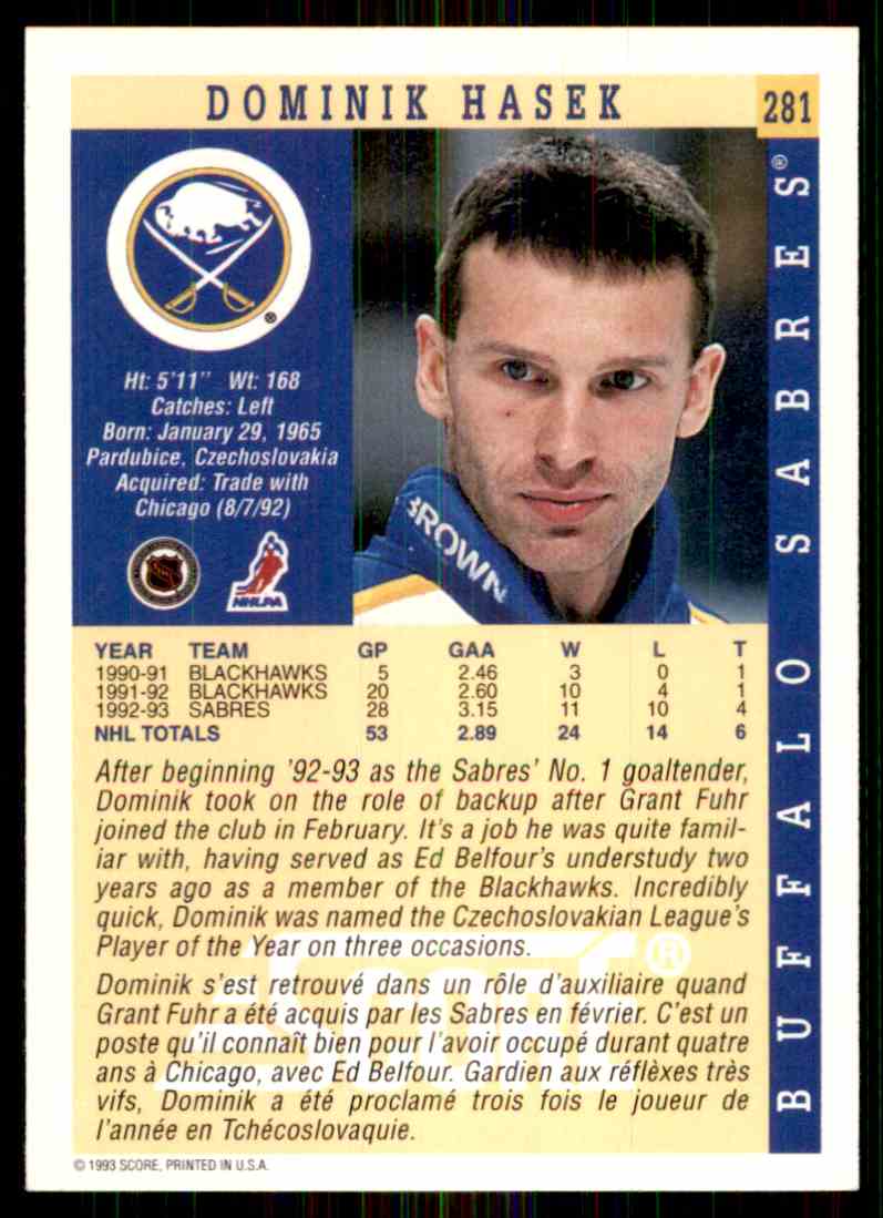 1993-94 Score Bilingue Dominik Hasek #281 on Kronozio