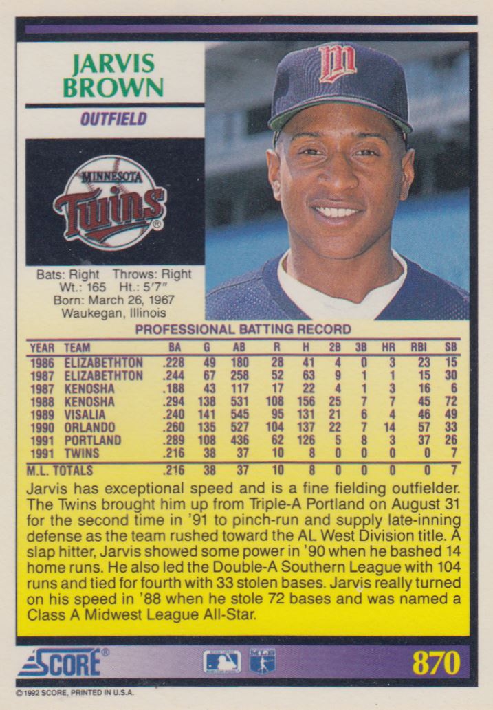 1992 Score Jarvis Brown #870 on Kronozio
