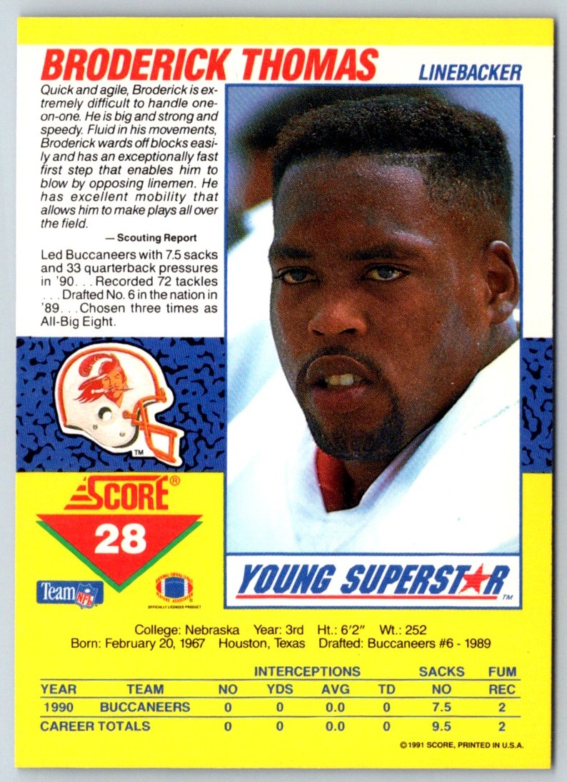1991 Score Young Superstars Broderick Thomas #28 on Kronozio