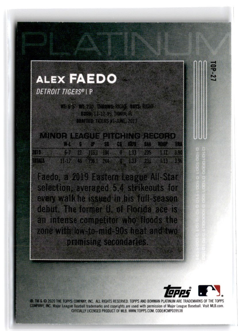 2020 Bowman Platinum Top Prospects Alex Faedo #TOP-27 on Kronozio