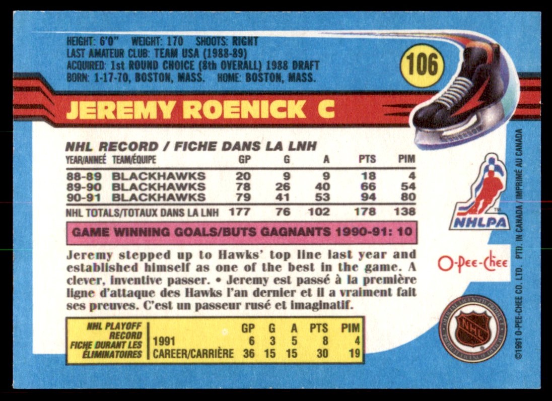 1991-92 O-Pee-Chee Jeremy Roenick #106 on Kronozio