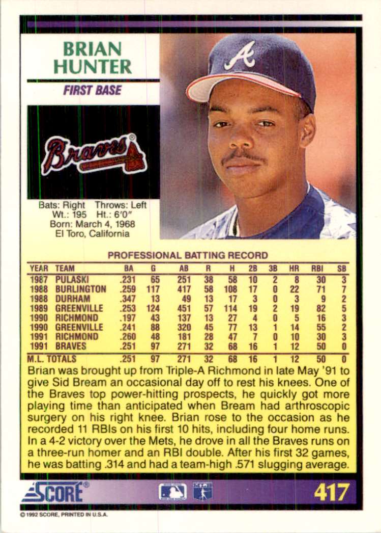 1992 Score Rookie Prospect Brian Hunter #417 on Kronozio