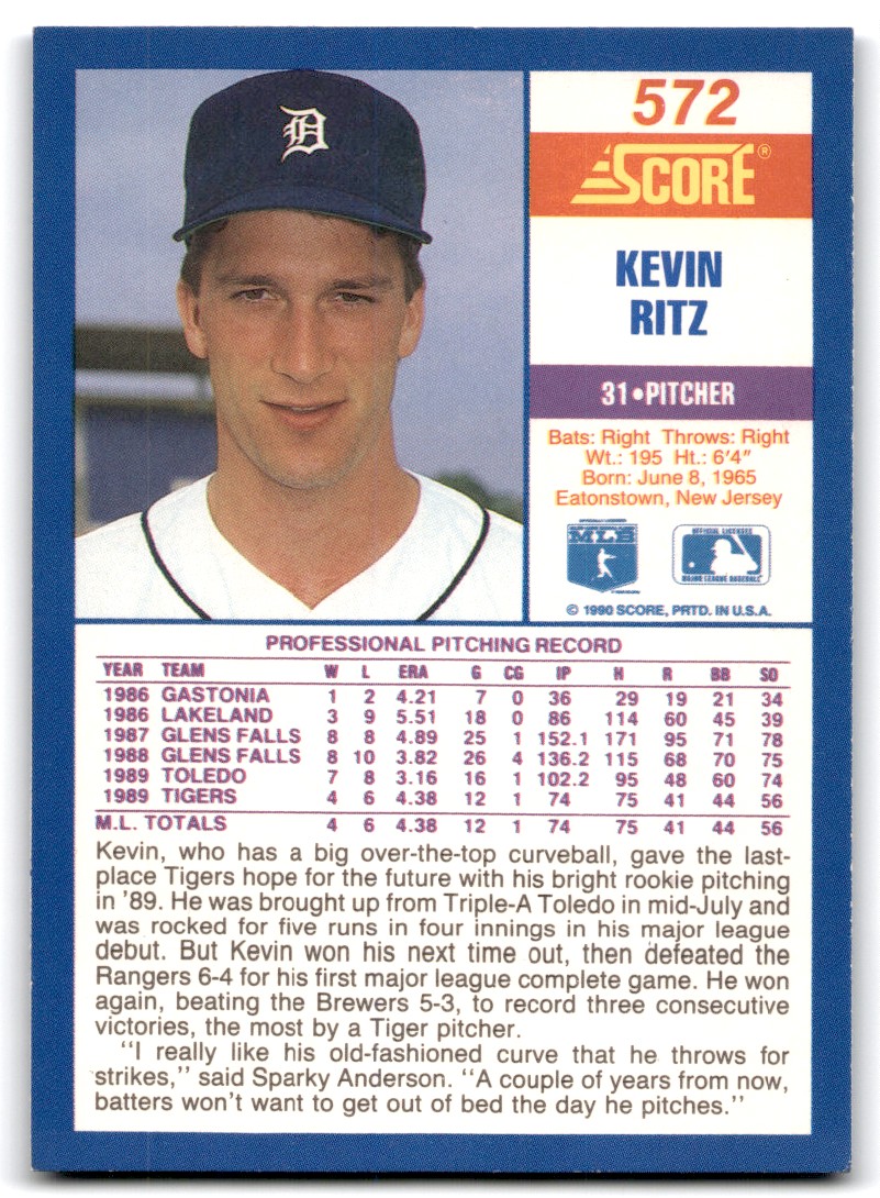 1990 Score Kevin Ritz RC Detroit Tigers #572 | eBay