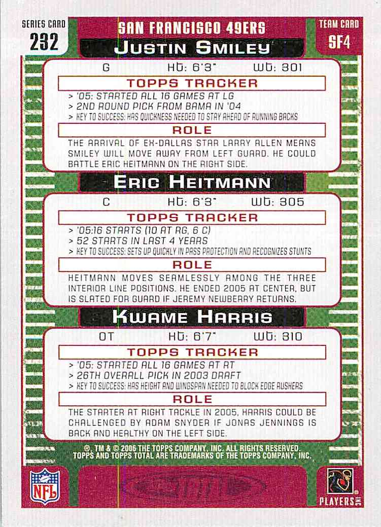 2006 Topps Total Justin Smiley, Eric Heitmann, Kwame Harris #232 on ...