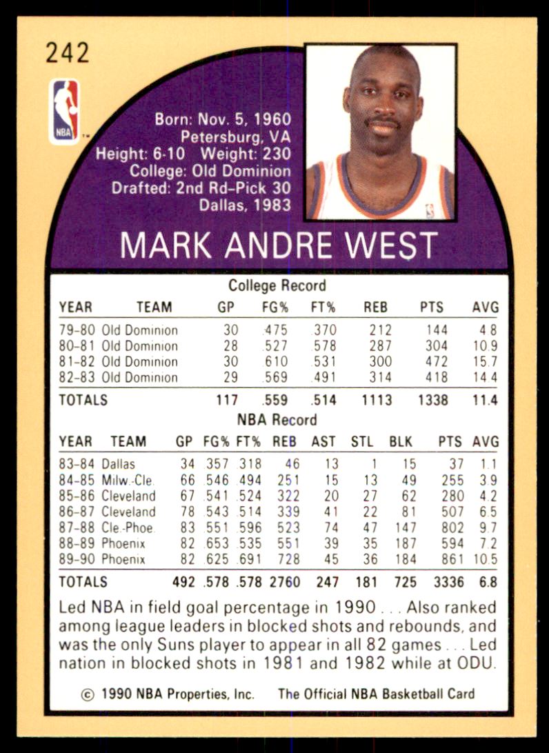 1990-91 Nba Hoops Mark West #242 on Kronozio