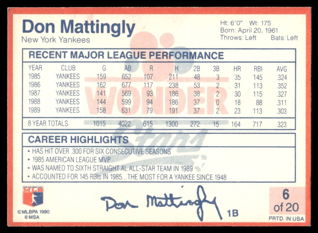 1990 Wonder Bread Stars Don Mattingly #6 on Kronozio