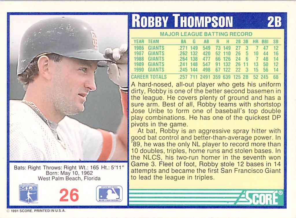 1991 Score Robby Thompson #26 on Kronozio