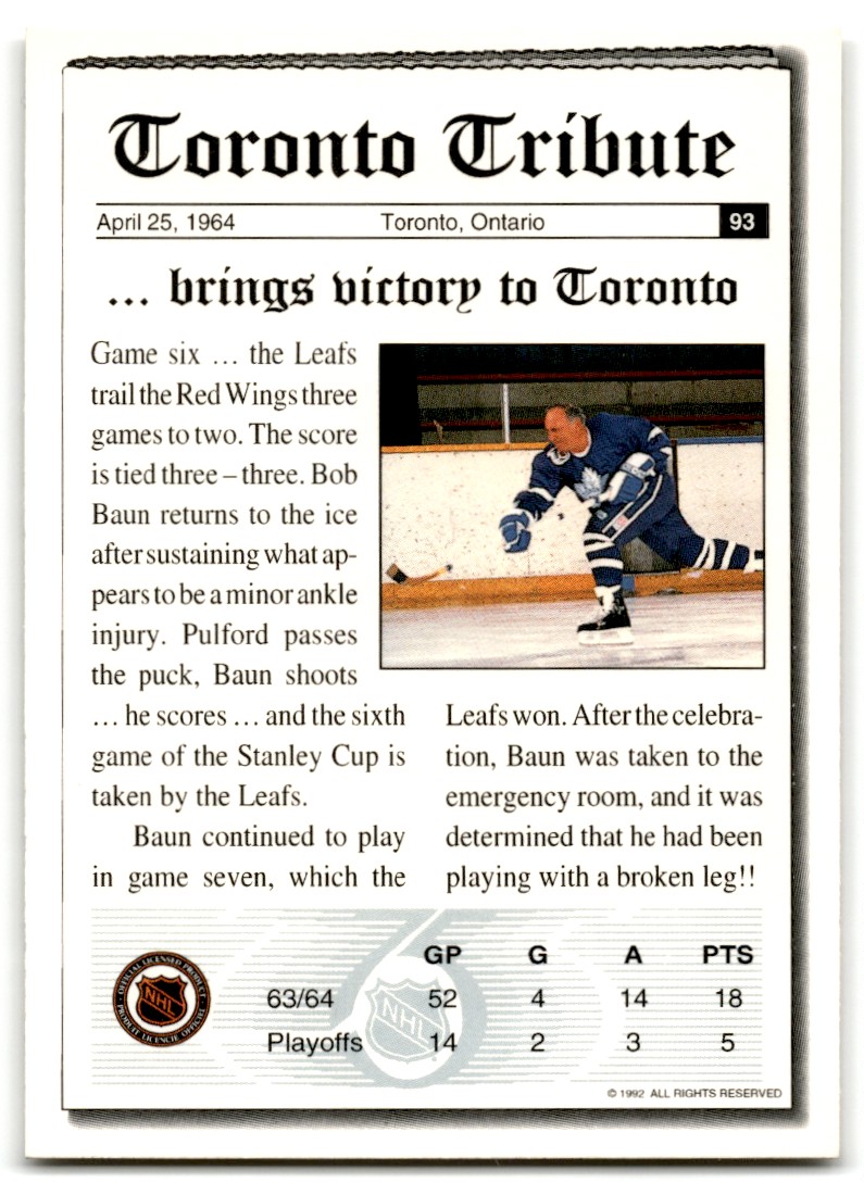 1991-92 Ultimate Original 6 Baun's Heroics #93 on Kronozio