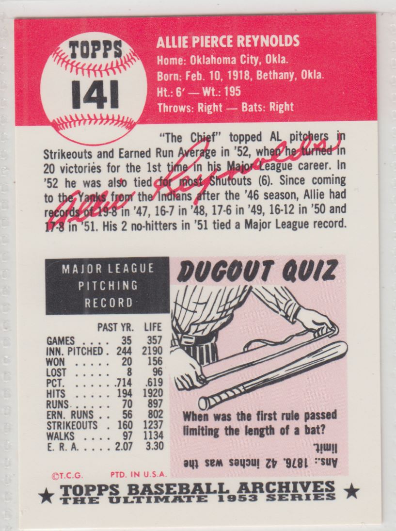 1991 Topps Archives '53 Allie Reynolds #141 on Kronozio
