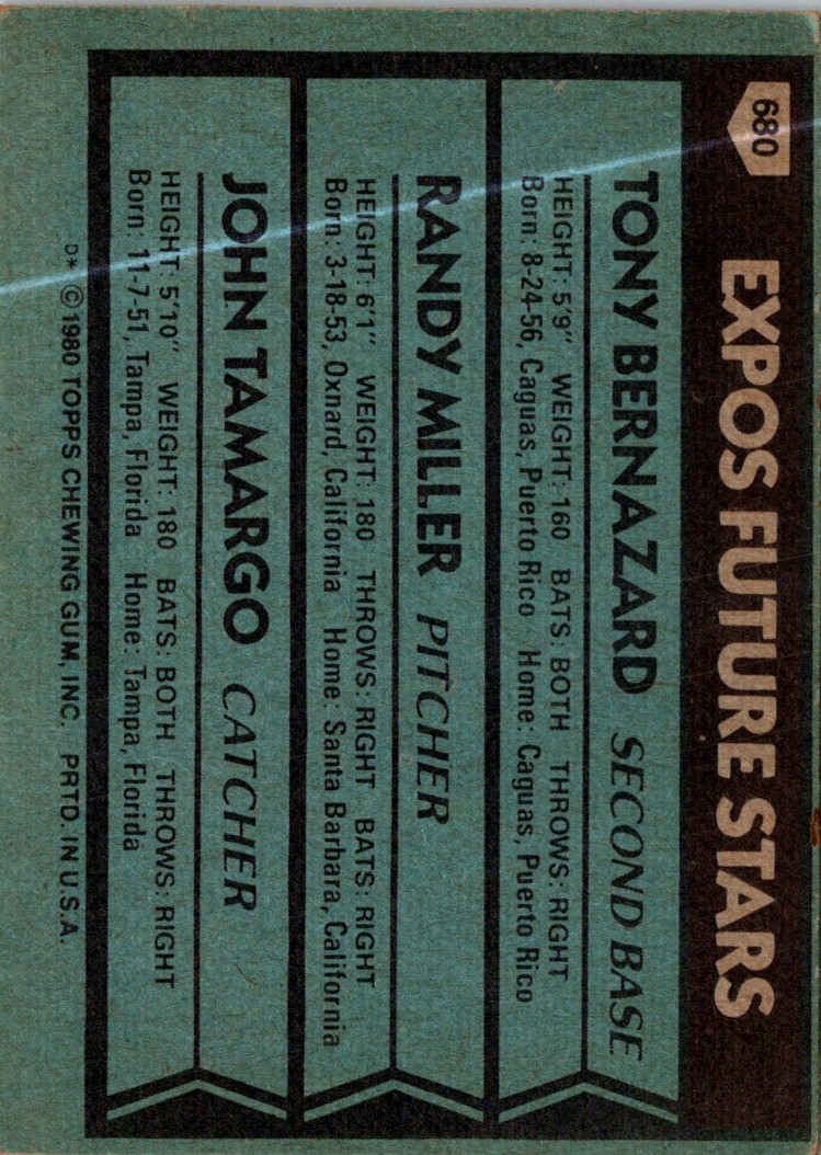 1980 Topps Expos Future Stars - Tony Bernazard/Randy Miller/John ...