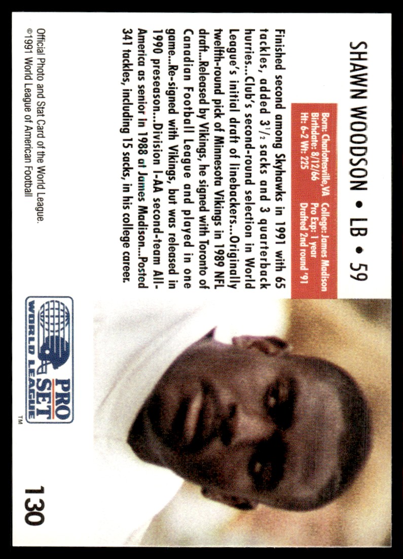 1991 Pro Set WLAF Shawn Woodson #130 on Kronozio