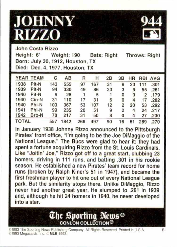 1993 The Sporting News Conlon Collection Johnny Rizzo #944 on Kronozio