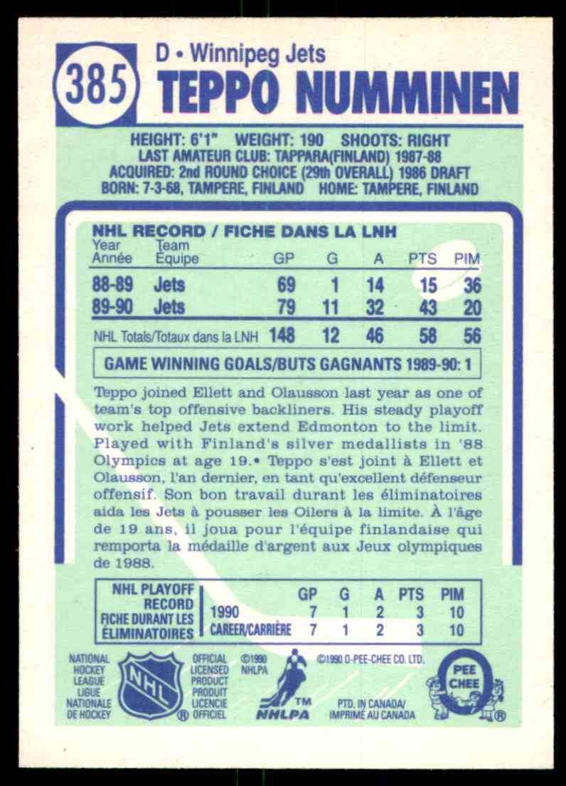 1990-91 O-Pee-Chee Teppo Numminen #385 on Kronozio