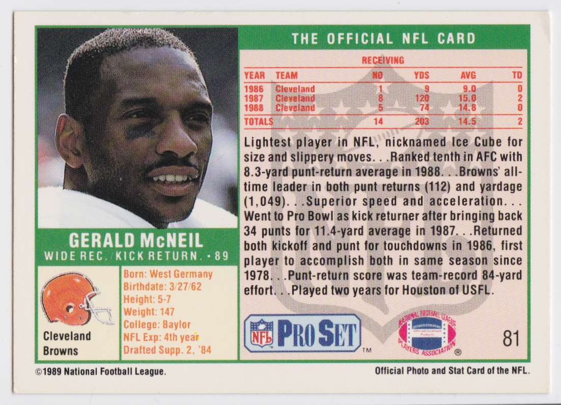1989 Pro Set Gerald McNeil #81 on Kronozio