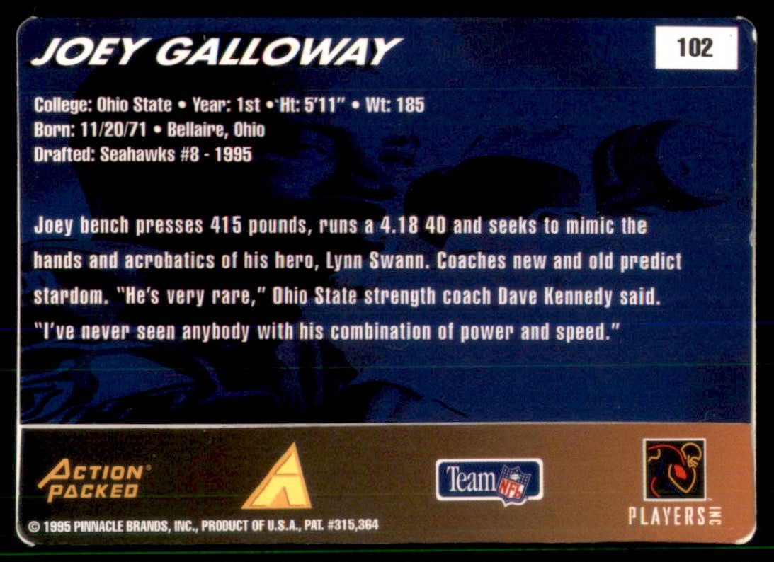 1995 Action Packed Rookies/Stars Joey Galloway RC #102 on Kronozio
