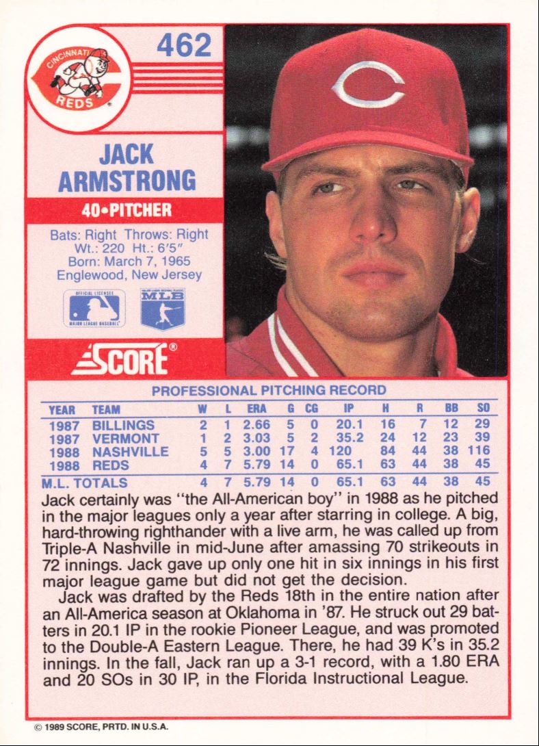1989 Score Score Baseball Rookie Jack Armstrong #462 on Kronozio