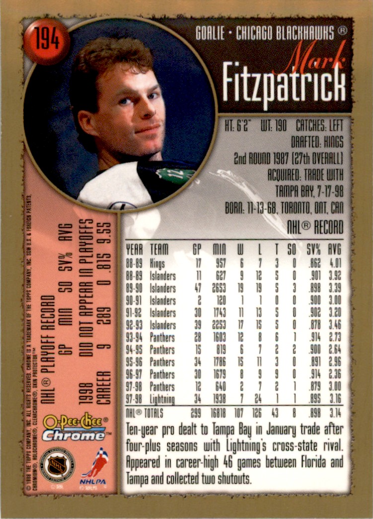 1998-99 O-PEE-CHEE CHROME MARK FITZPATRICK CHICAGO BLACKHAWKS #194 | eBay