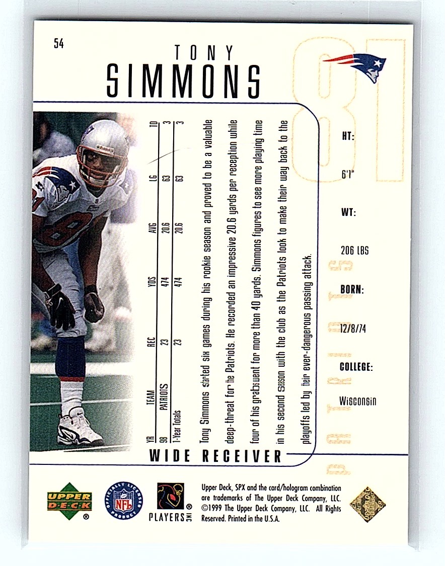 1999 SPx Tony Simmons #54 on Kronozio