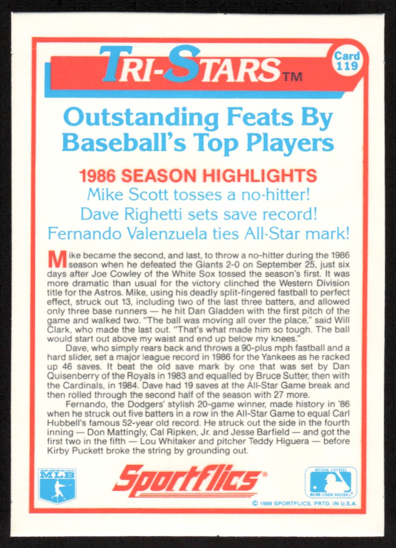 1987 Sportflics Tri-Stars Mike Scott/Dave Righetti/Fernando Valenzuela ...