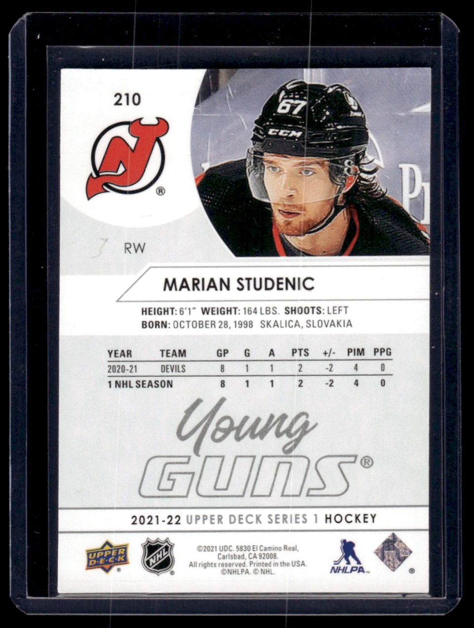2021-22 Upper Deck Series 1 Young Guns Marian Studenic #210 on Kronozio