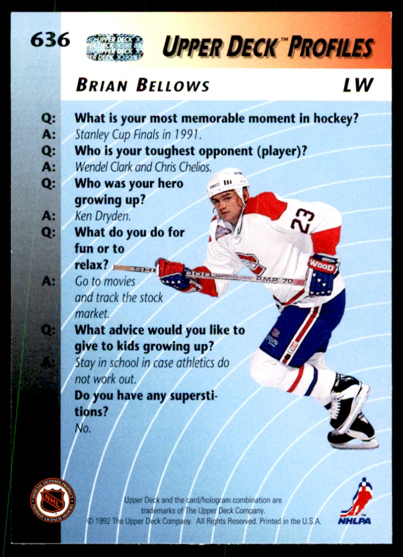 1992-93 Upper Deck Brian Bellows #636 on Kronozio
