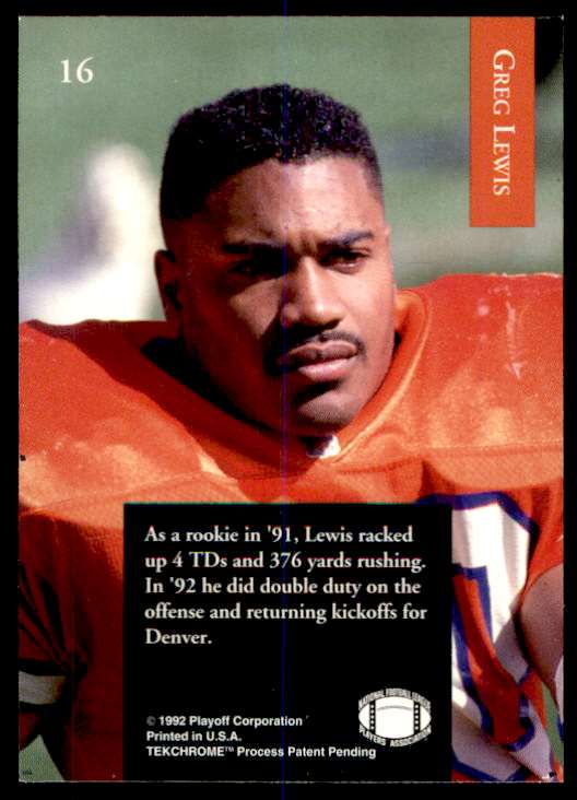 1992 Playoff Greg Lewis #16 on Kronozio