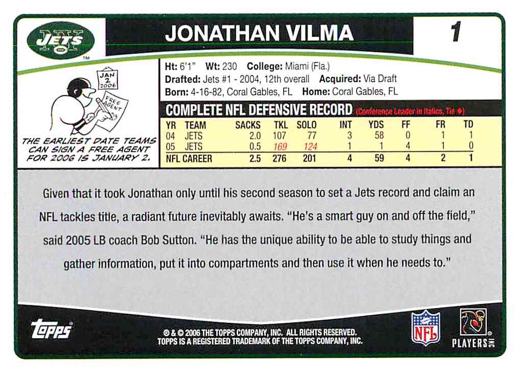 2006 Topps Jonathan Vilma #1 on Kronozio