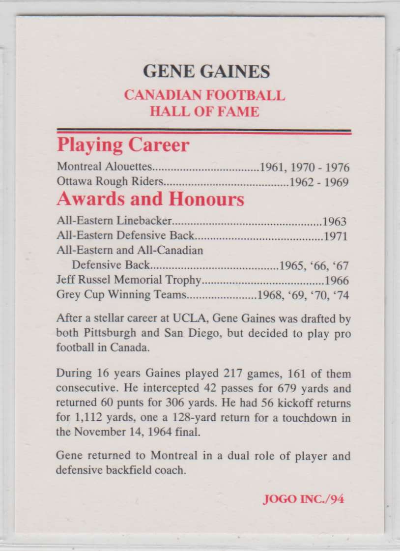 1994 Jogo CFL Hall Of Fame Inductees Gene Gaines #3 on Kronozio