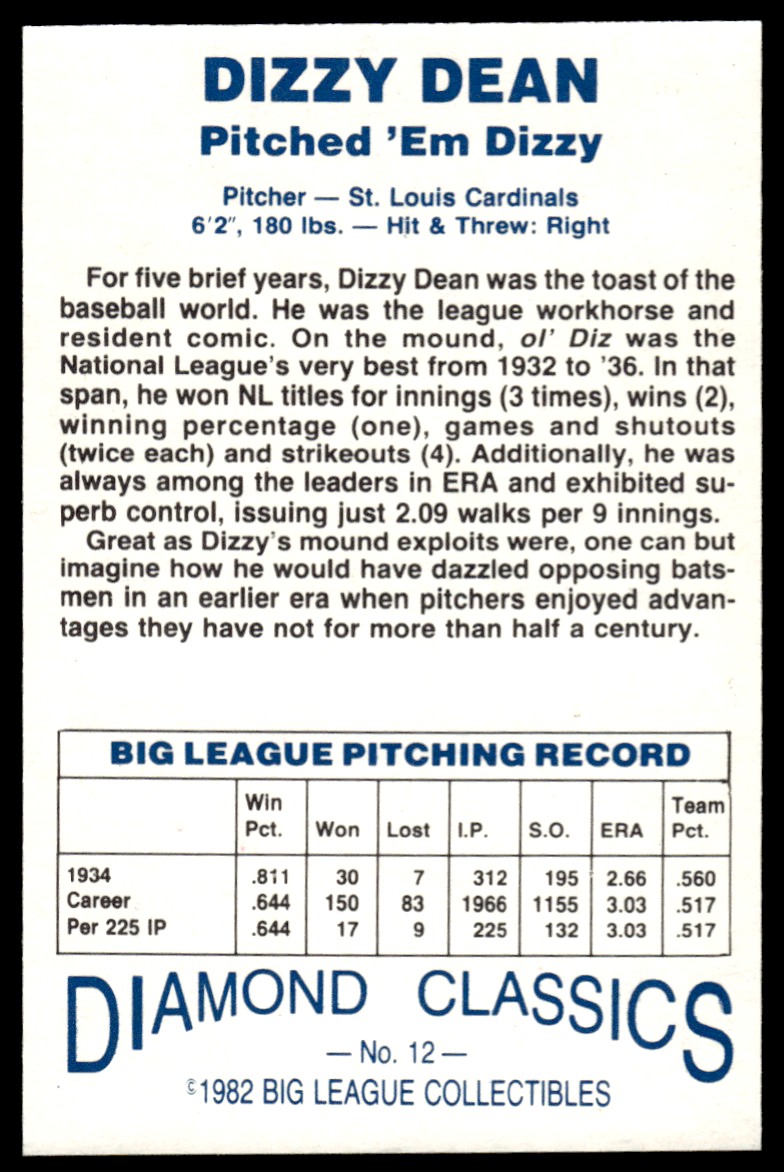 1982 Diamond Classics Dizzy Dean #12 on Kronozio