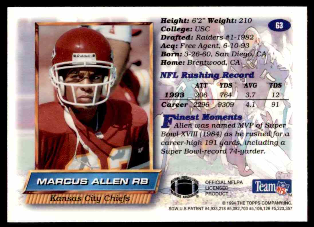 1994 Topps Finest Marcus Allen #63 on Kronozio