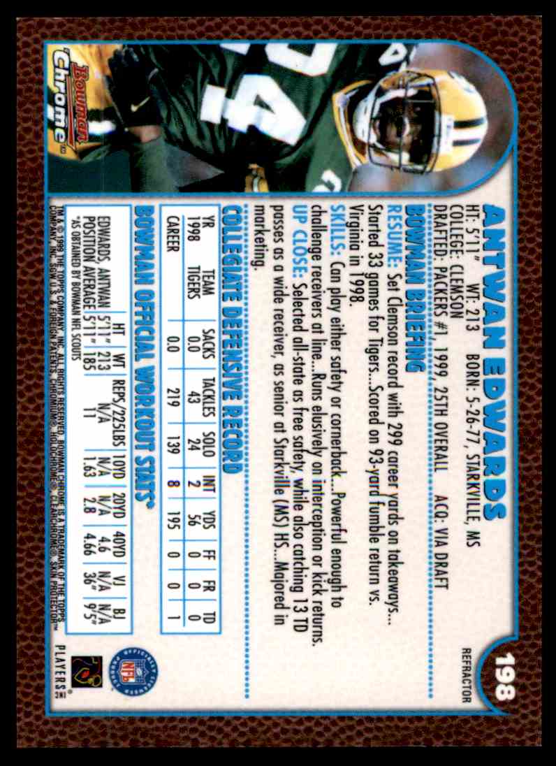 1999 Bowman Chrome Antwan Edwards Refractor Rookie Green Bay Packers ...