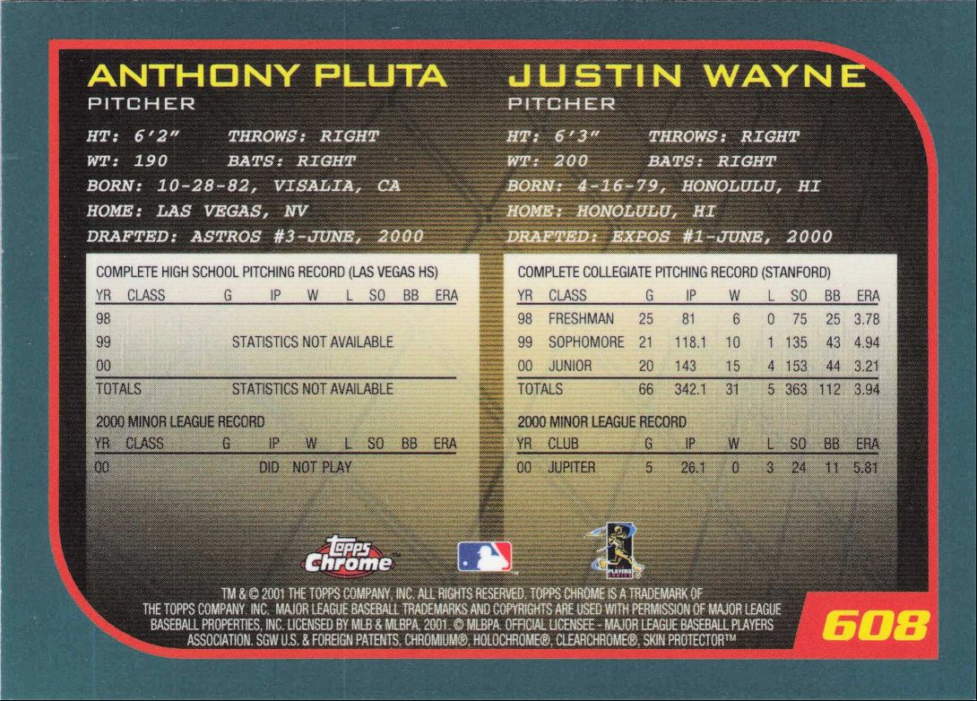 2001 Topps Chrome Anthony Pluta/Justin Wayne #608 on Kronozio