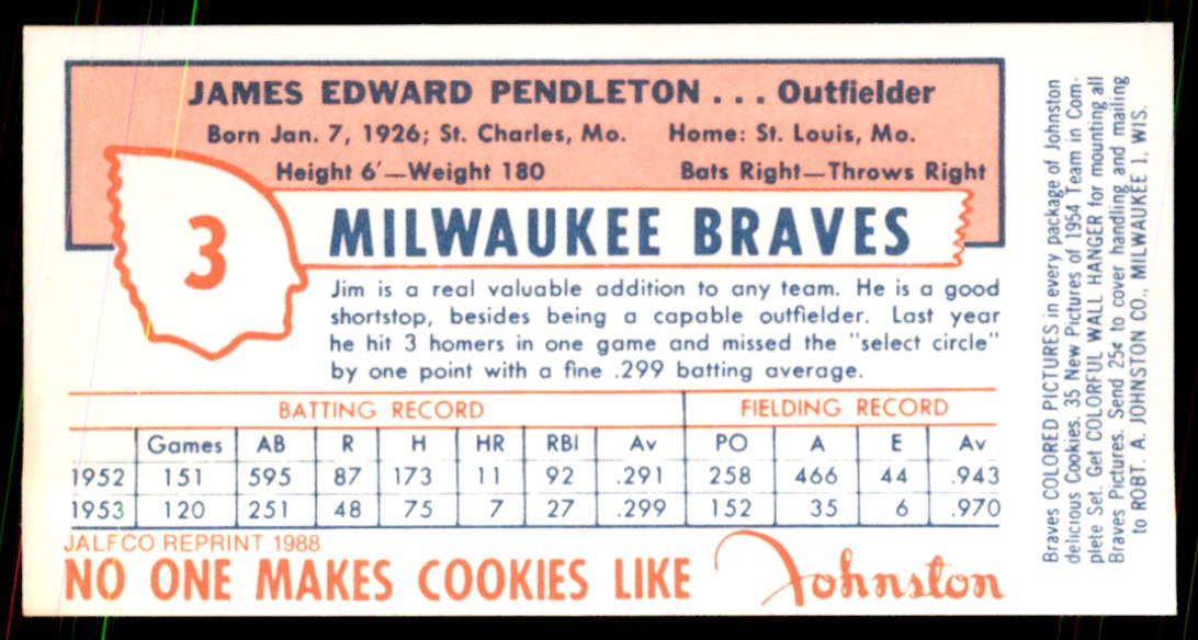 1988 JALFCO 1954 Johnston Cookies Reprints Jim Pendleton #3 on Kronozio