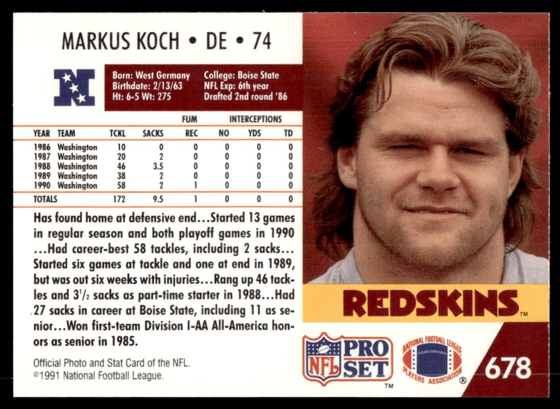 1991 Pro Set Football Card Markus Koch #678 on Kronozio
