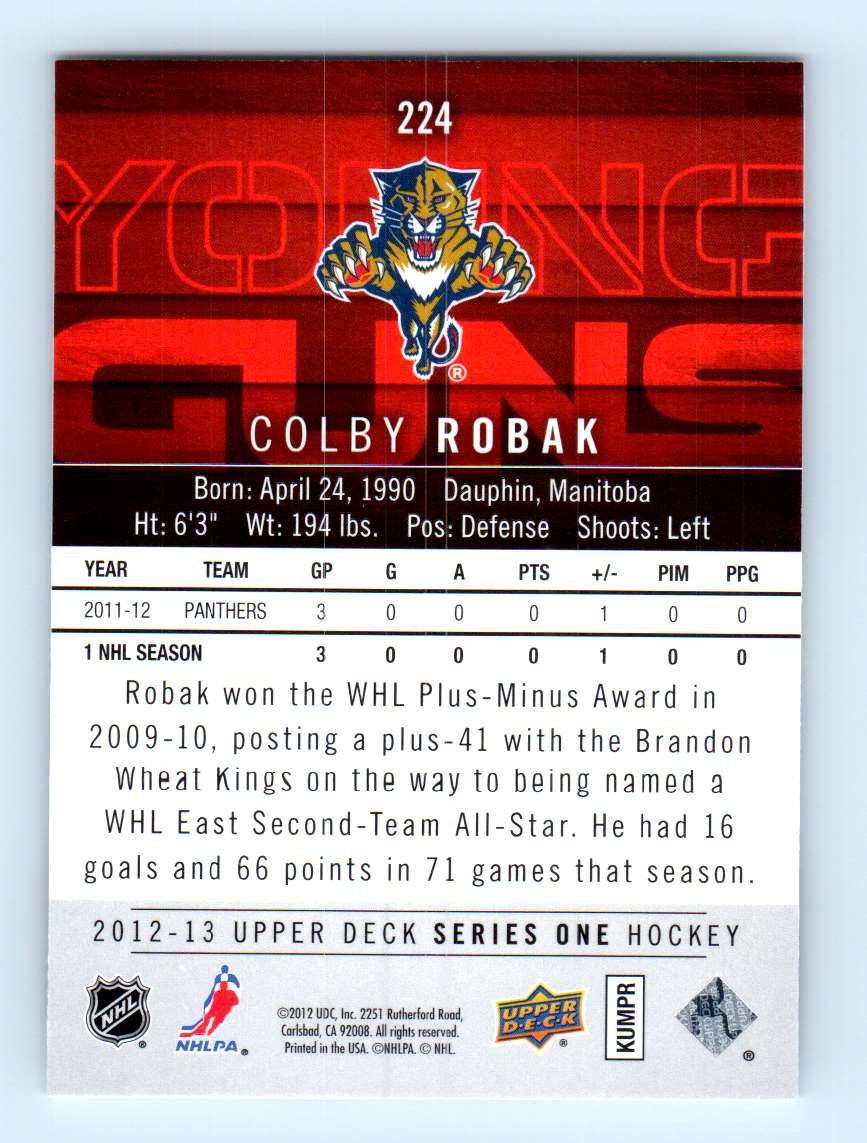 2012-13 Upper Deck Colby Robak #224 on Kronozio